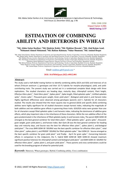 Pdf Estimation Of Combining Ability And Heterosis In Wheat