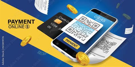 Scan Qr Code And Pay With Mobile Phone Mobile Scan QR Code Pay Bill On Top Of Invoice On Blue