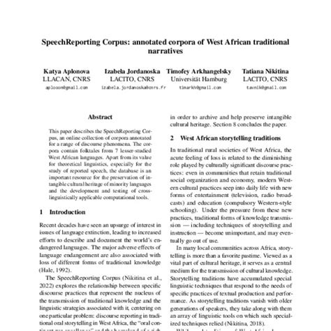 Speechreporting Corpus Annotated Corpora Of West African Traditional Narratives Acl Anthology