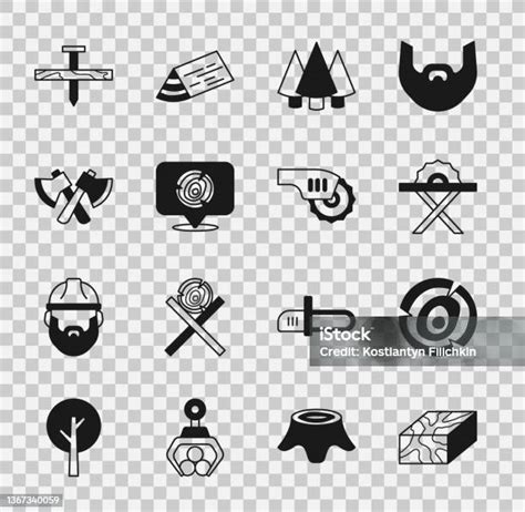 세트 나무 빔 로그 전기 원형 톱 크리스마스 트리 도끼 금속 손톱과 아이콘 벡터 통나무에 대한 스톡 벡터 아트 및 기타 이미지 통나무 투명한 검은색 Istock