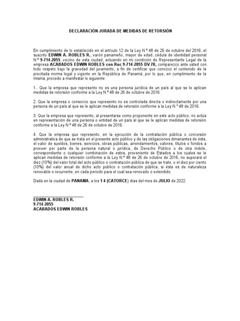 Declaracion Jurada Medidas Retorsion Pdf