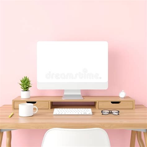 3d Minimalist Workspace With Blank Computer Screen And Wooden Desk Stock Illustration