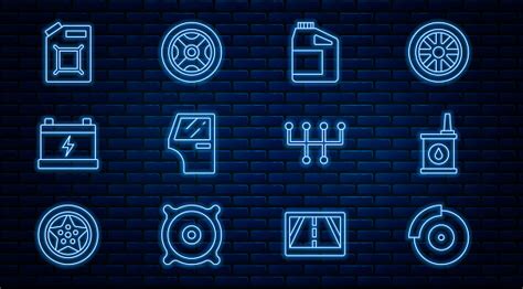 캘리퍼가 있는 라인 자동차 브레이크 디스크 모터 오일용 캐니스터 도어 배터리 가솔린 기어 시프터 및 휠 아이콘을 설정합니다 벡터