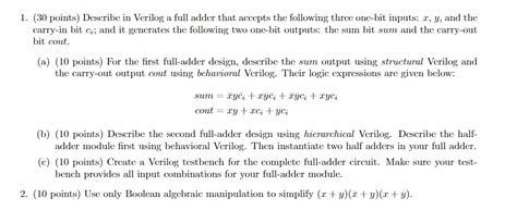 Solved Points Describe In Verilog A Full Adder That Chegg