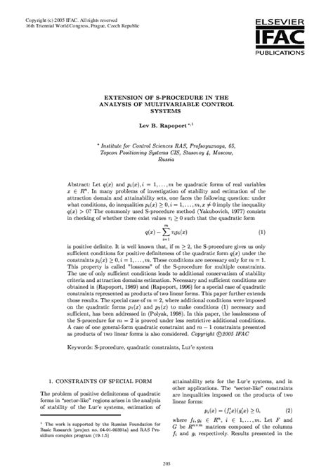 Pdf Extension Of S Procedure In The Analysis Of Multivariable Control