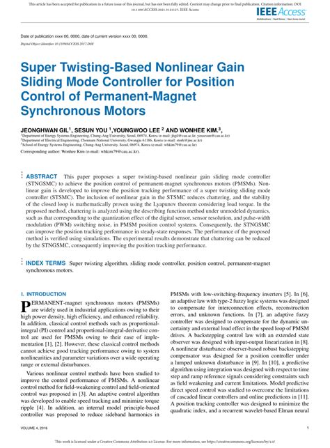 Pdf Super Twisting Based Nonlinear Gain Sliding Mode Controller For Position Control Of