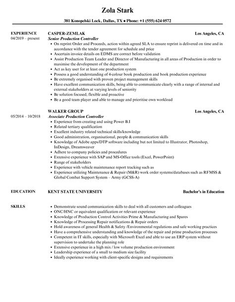 Production Controller Resume Samples Velvet Jobs
