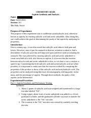 Aspirin Lab Report CHEMISTRY 1014H Aspirin Synthesis And Analysis Name Jorian Greenwood Date