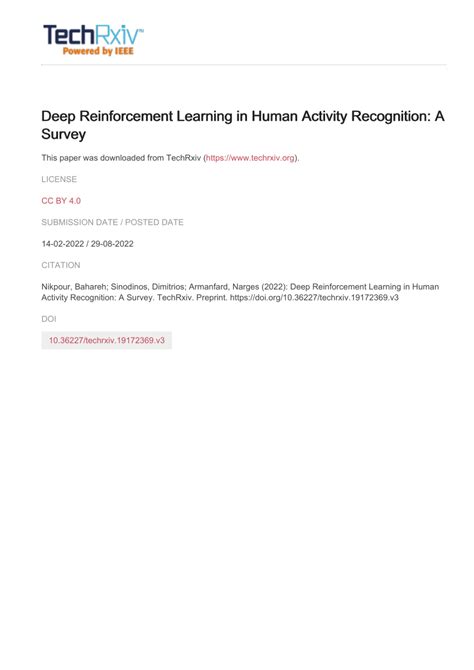 Pdf Deep Reinforcement Learning In Human Activity Recognition A Survey