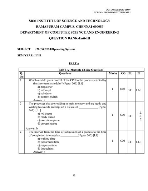 Unit 3 Qb 21csc202j Operating Systems Unit 3 Srm Institute Of Science