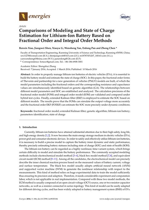 PDF Comparisons Of Modeling And State Of Charge Estimation For Lithium Ion Battery Based On