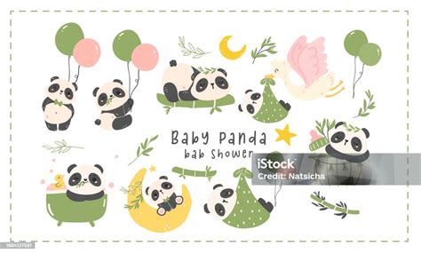 사랑스러운 아기 팬더 만화 보육원 베이비 샤워 요소 세트 그림입니다 귀여운에 대한 스톡 벡터 아트 및 기타 이미지 귀여운 파티 팬더 Istock