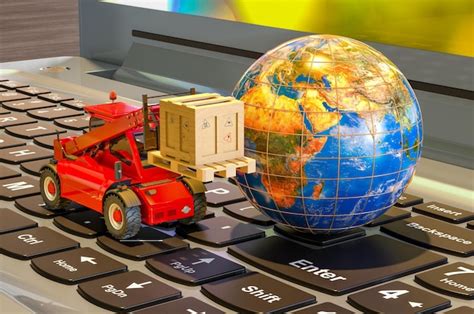 텔레스코픽 핸들러 트럭과 노트북 키보드의 소포가 있는 Earth Globe 글로벌 배송 및 배송 개념 3d 렌더링 프리미엄 사진
