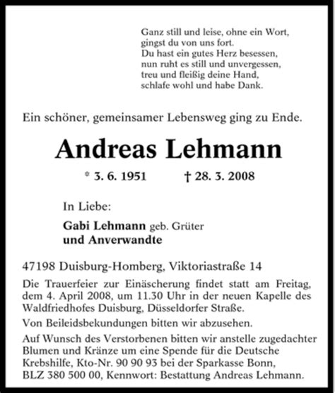 Traueranzeigen Von Andreas Lehmann Trauer In Nrw De