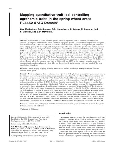 Pdf Mapping Quantitative Trait Loci Controlling Agronomic Traits In The Spring Wheat Cross