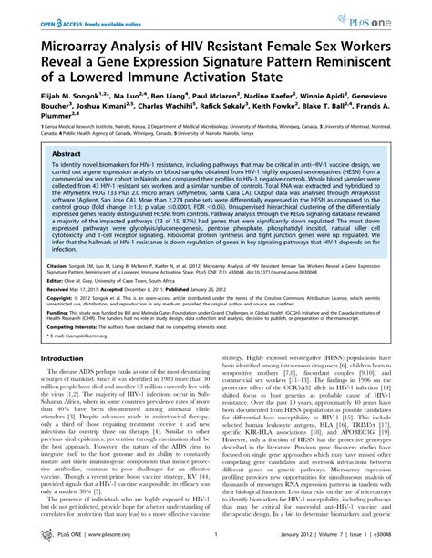 Pdf Microarray Analysis Of Hiv Resistant Female Sex Workers Reveal A