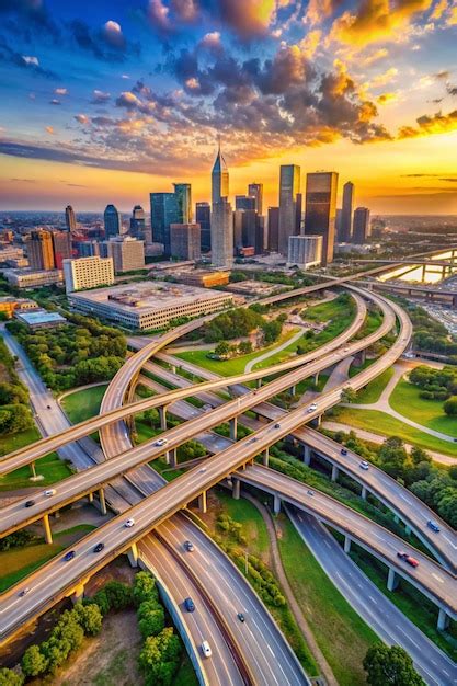 aerial view downtown and interstate i45 highway with massive