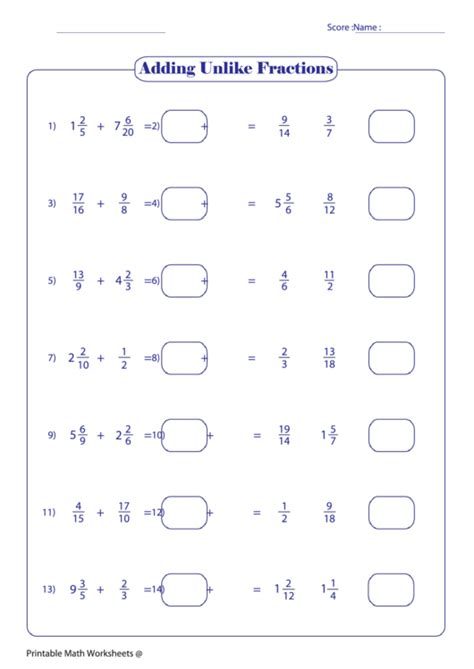 Adding Unlike Fractions Printable Pdf Download