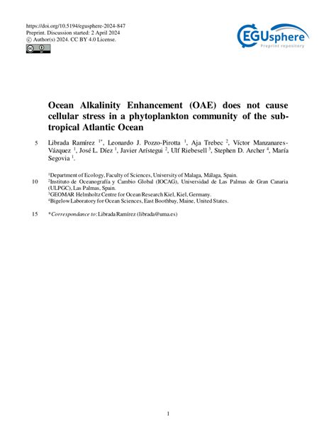 Pdf Ocean Alkalinity Enhancement Oae Does Not Cause Cellular Stress