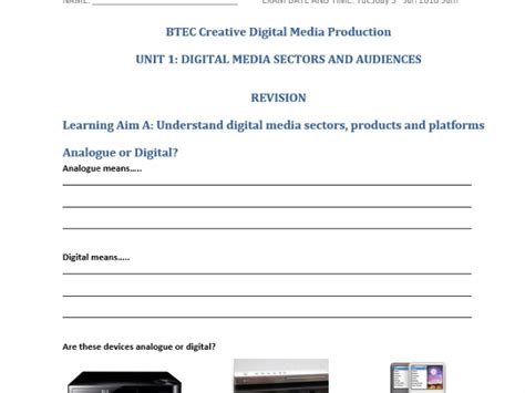 Btec Creative Digital Media Production Unit 1 Exam Revision Teaching Resources
