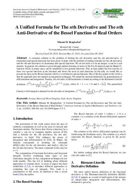 Pdf A Unified Formula For The N Th Derivative And The N Th Anti Derivative Of The Bessel