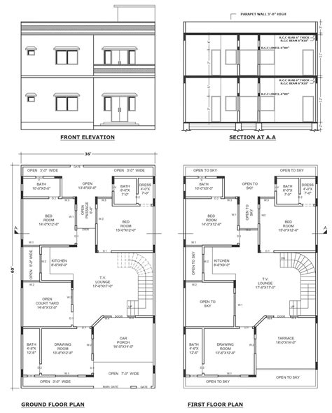Two Storey Luxurious Bungalow Detailed Open Courtyard Design On Each Floor Dwg Autocad Drawing