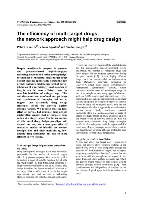 PDF The Efficiency Of Multi Target Drugs The Network Approach Might Help Drug Design