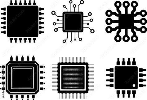Microchip CPU And Mother Board Icons Set Printing Of Computer Parts Packing Technology And AI