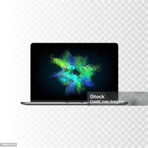 스톡 벡터 일러스트 레이 션 현실적인 개인 전문 컴퓨터 Pc 노트북 격리 투명 한 파란 배경에 화면에 배경 화면입니다 Eps10