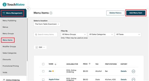 Menu Management Menu Items