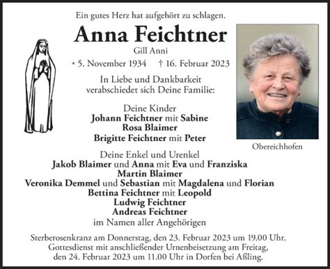 Traueranzeigen Von Anna Feichtner Trauermerkurde