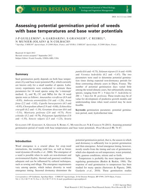 Pdf Assessing Potential Germination Period Of Weed With Base Temperatures And Base Water