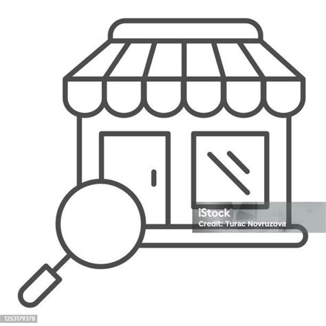 건물 과 돋보기 얇은 라인 아이콘 쇼핑 개념 흰색 배경에 돋보기 기호와 함께 저장 상점 외관과 개요 스타일에 돋보기 아이콘을 저장합니다 벡터 그래픽 아이콘에 대한 스톡 벡터