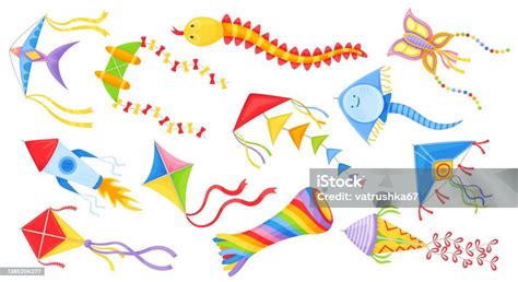 다양한 모양의 만화 비행 연 다채로운 아이 바람 장난감 나비 축제를위한 다이아몬드 연 야외 여름 활동 벡터 세트 0명에 대한