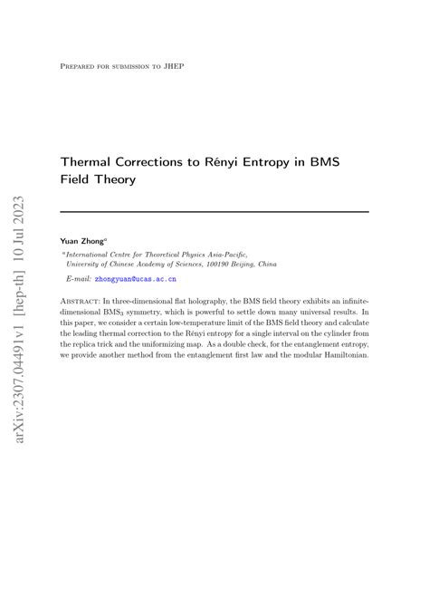 Pdf Thermal Corrections To Renyi Entropy In Bms Field Theory