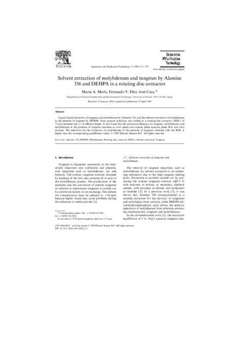 Pdf Solvent Extraction Of Molybdenum And Tungsten By Alamine 336 And