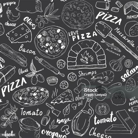완벽 한 피자는 손으로 그린된 스케치 패턴 피자 가루 및 다른 음식 재료 오븐 및 주방 도구와 함께 한다면 음식 배경 벡터 일러스트 레이 션 오븐에 대한 스톡 벡터 아트 및