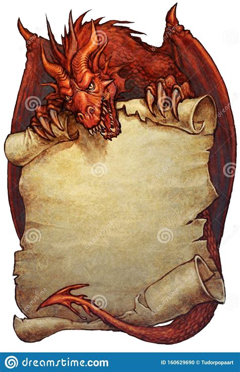 Red Dragon Holding Ancient Scroll Fantasy Illustration