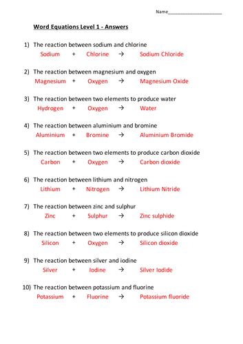 Word Equations Worksheet Chemistry Ks3 Gcse Teaching Resources