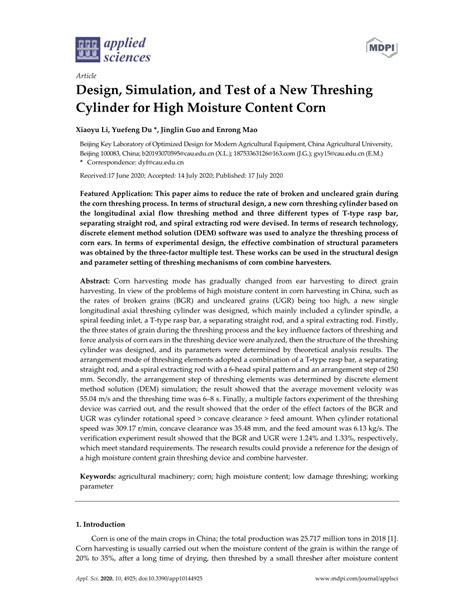 Pdf Design Simulation And Test Of A New Threshing Cylinder For High Moisture Content Corn
