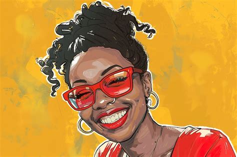 A Happy Dark Skinned Woman Wearing Red Glasses Premium Ai Generated Image