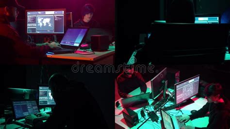 dynamic hacker duo in dark room cybersecurity experts collage stock