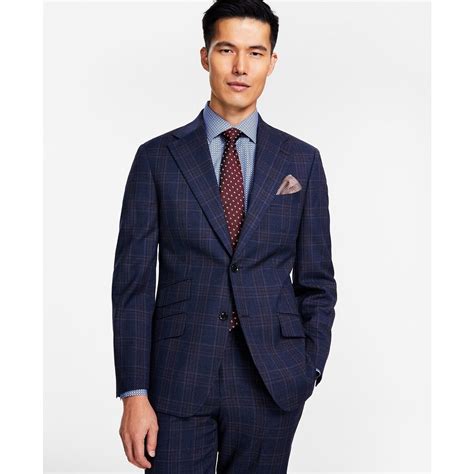 Tallia Mens Slim Fit Stretch Plaid Suit Jacket Navybrown 44r B4hp
