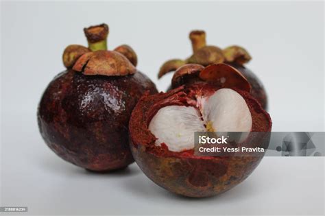 흰색 배경에 고립 된 세 개의 Mangosteens 전체 과일과 수직 단면 또는 반으로 자른 0명에 대한 스톡 사진 및 기타 이미지 Istock