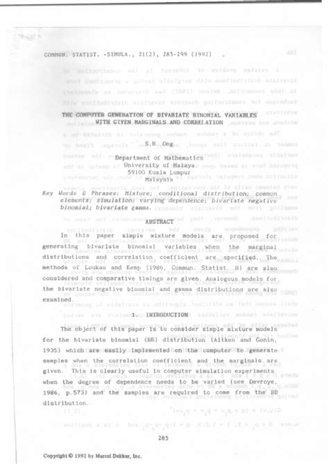 Pdf The Computer Generation Of Bivariate Binomial Variables With Given Marginals And Correlation