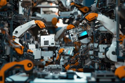 Advanced Robotic Arms Assembling Electronic Components In A Futuristic
