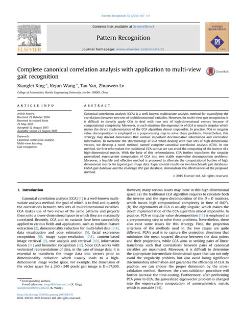 Pdf Complete Canonical Correlation Analysis With Application To Multi View Gait Recognition
