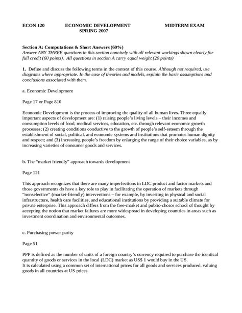 Questions Of Economics Development Midterm Exam Econ 120 Exams Development Economics Docsity