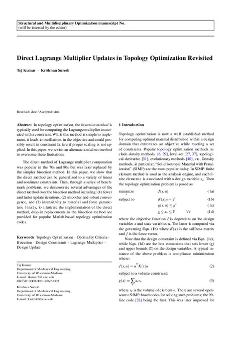 Pdf Direct Lagrange Multiplier Updates In Topology Optimization Revisited