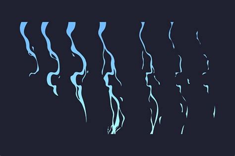 번개 애니메이션 2d 게임 전기 지상 공격 클립 아트 자산에 대 한 만화 벼락 스트라이크 스프라이트 프레임 벡터 뇌우 마법 에너지 모션 세트 번개에 대한 스톡 벡터 아트 및